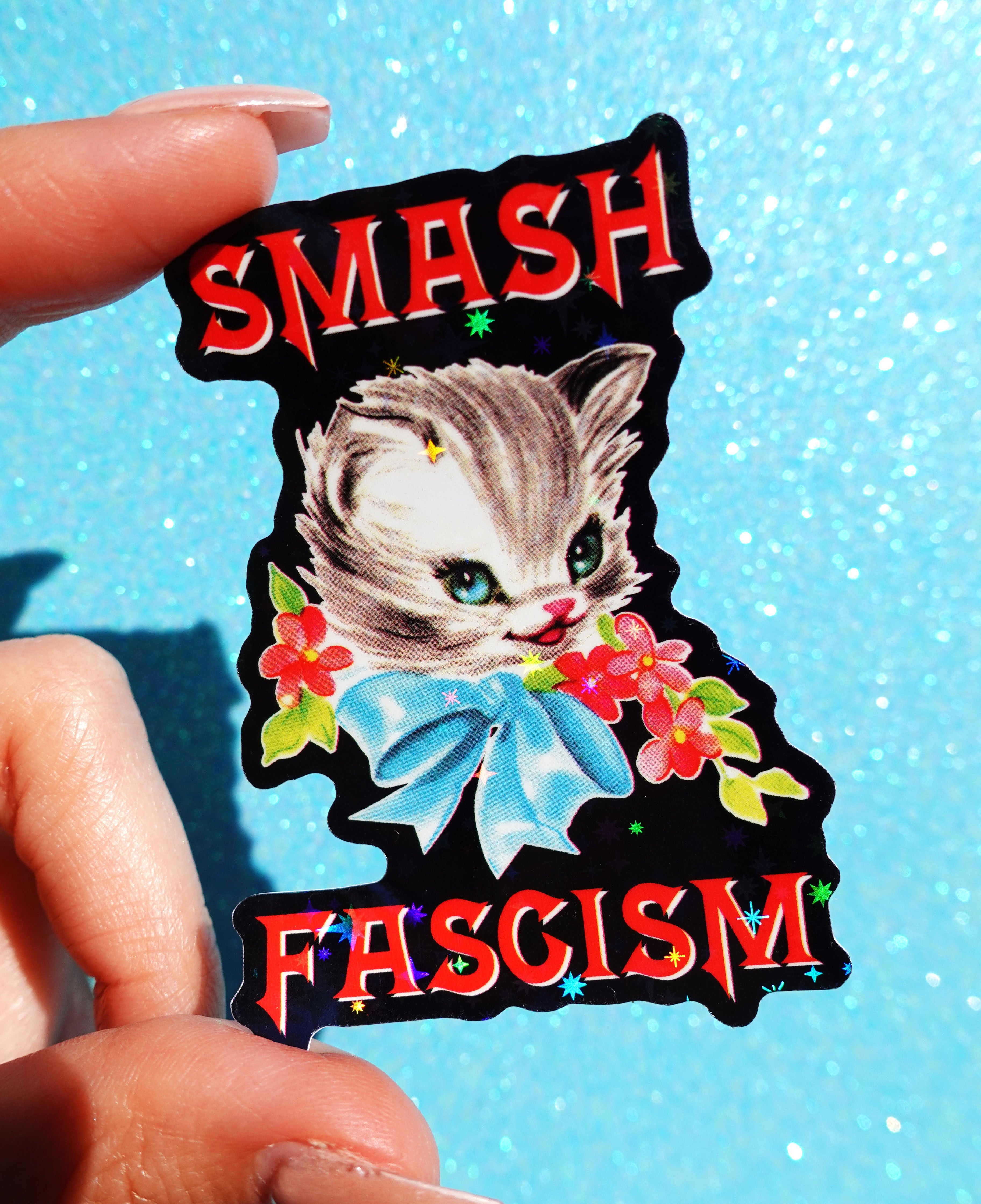 Smash Fascism Sticker – Vintage Cat Holographic Vinyl Sticker – Shut Up ...
